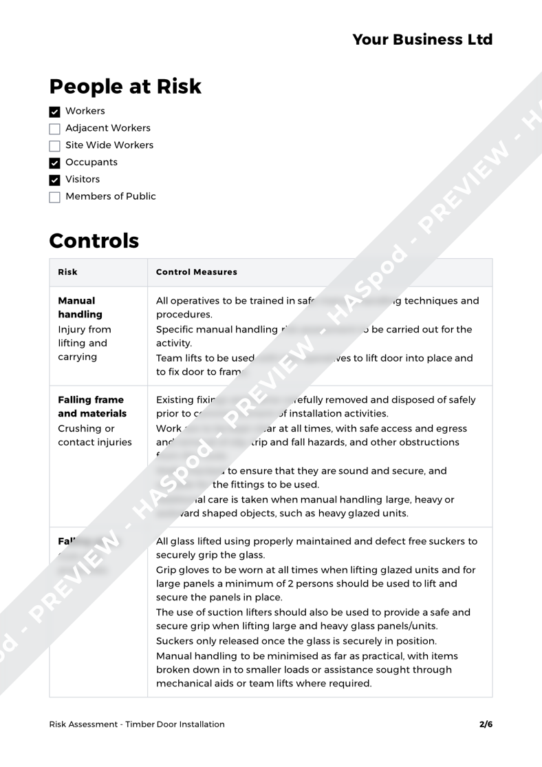 Timber Door Installation Risk Assessment Template - HASpod