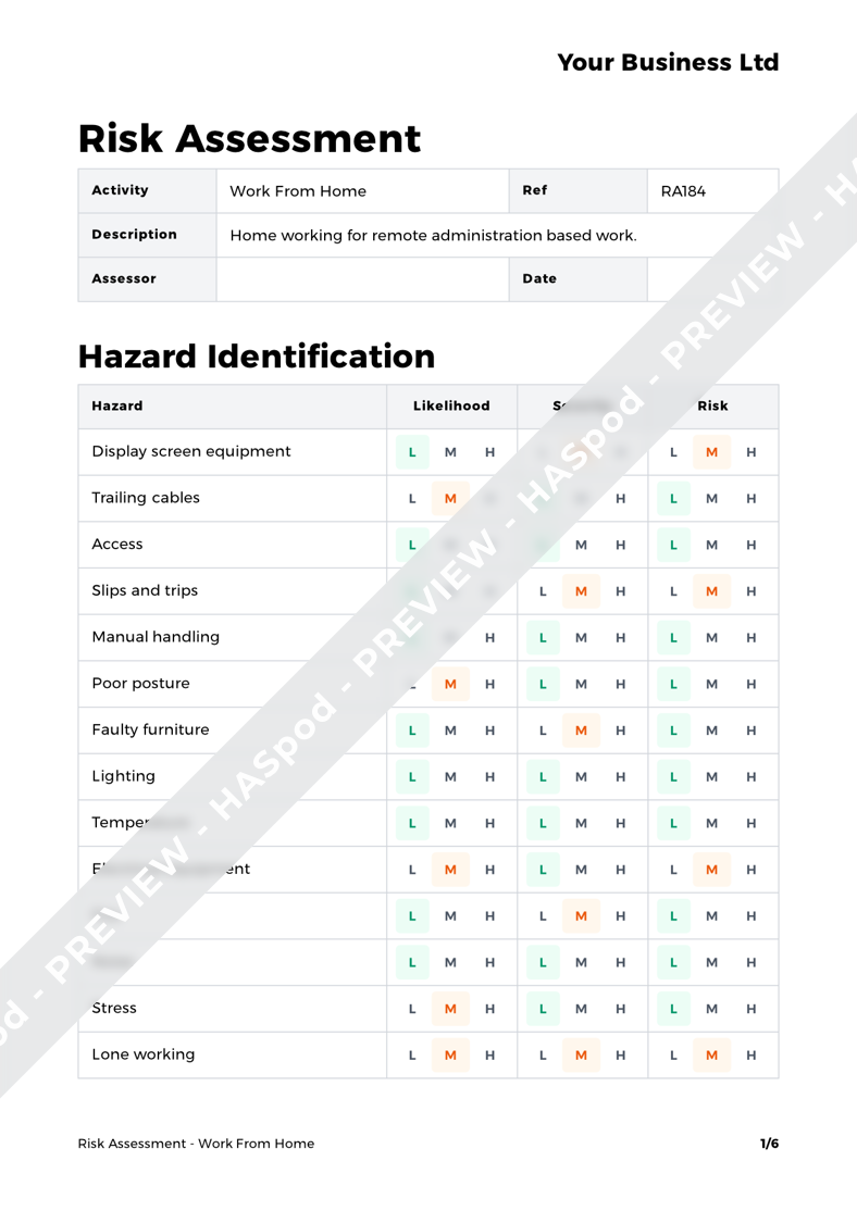 Work From Home Risk Assessment Template - HASpod