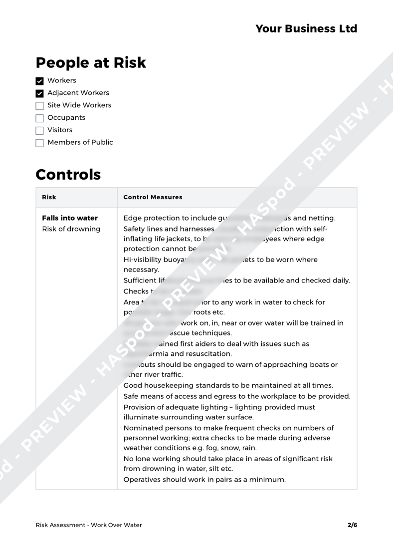 Work Over Water Risk Assessment Template - HASpod