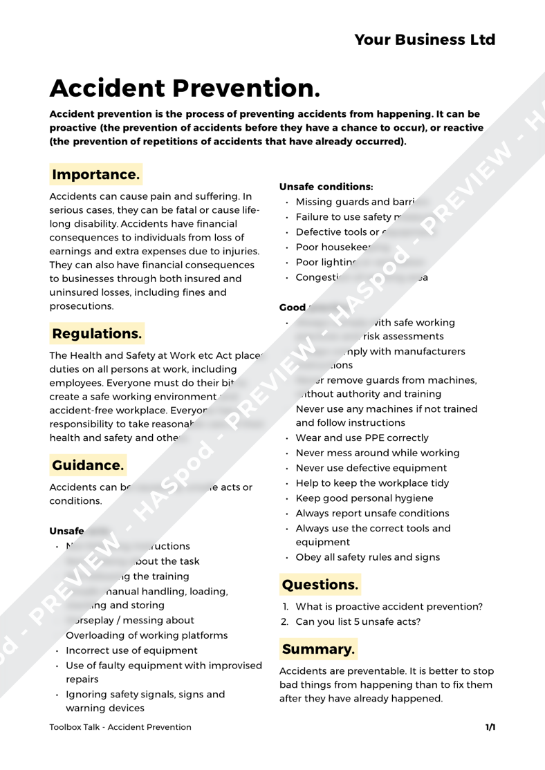 Accident Prevention Toolbox Talk Template - HASpod