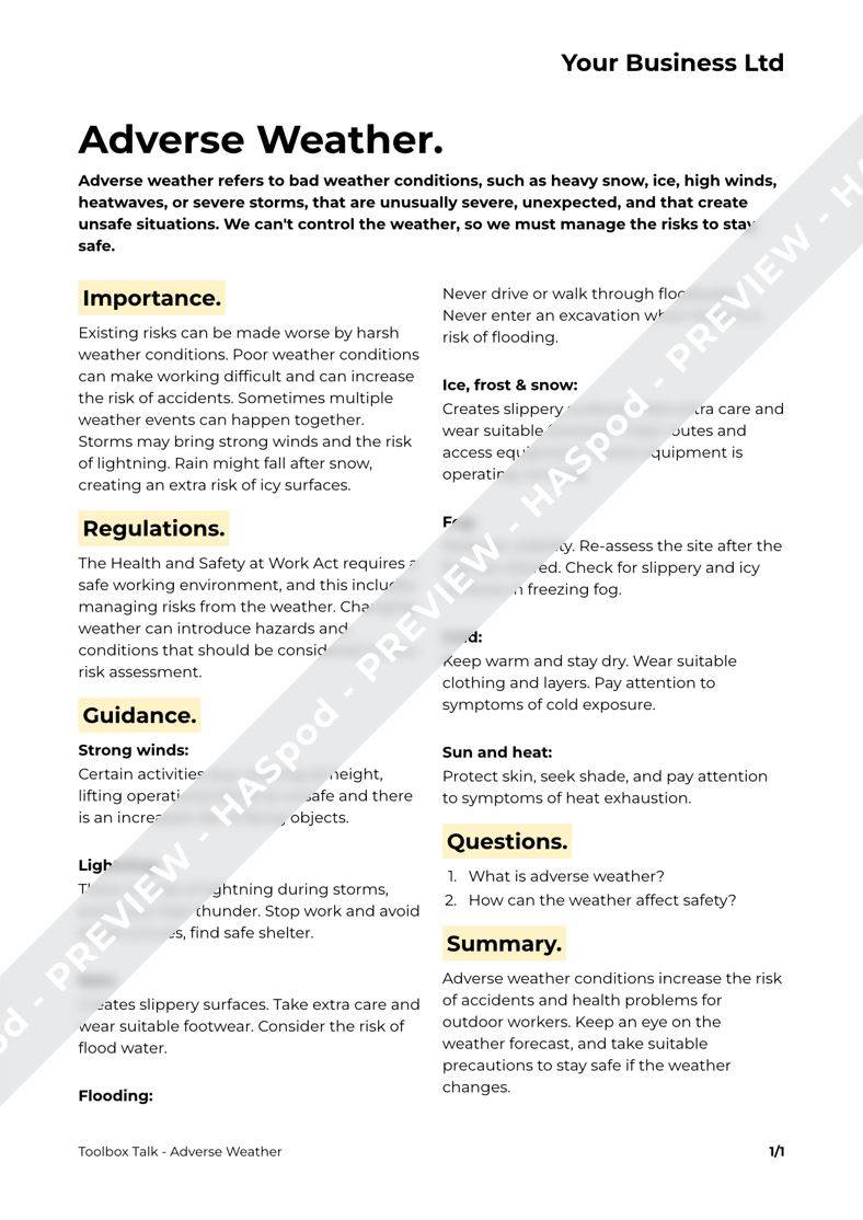 Adverse Weather Toolbox Talk Template - HASpod