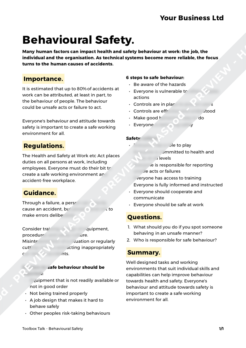 Behavioural Safety Toolbox Talk Template - HASpod