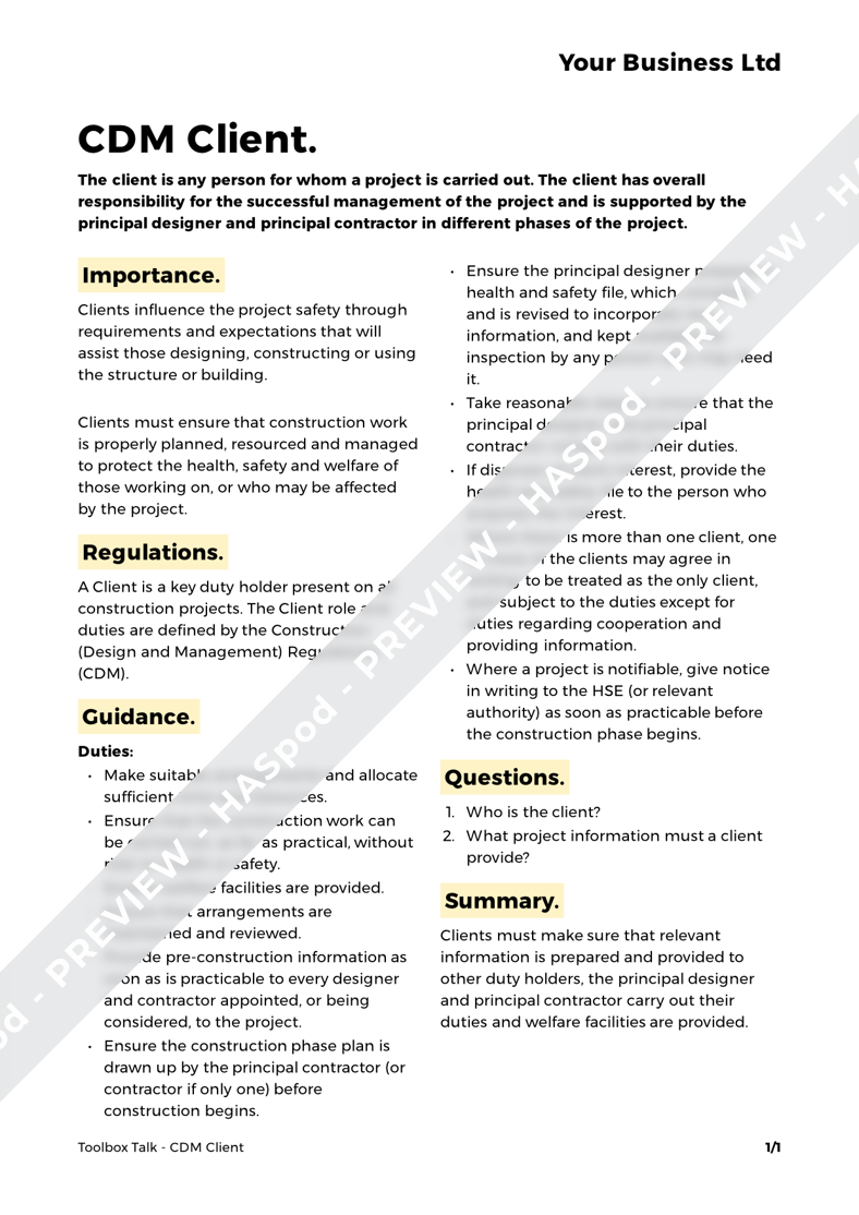 Free CDM Client Toolbox Talk Template - HASpod