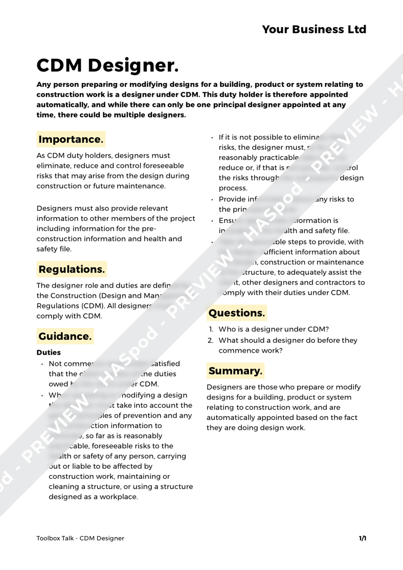 Free CDM Designer Toolbox Talk Template - HASpod