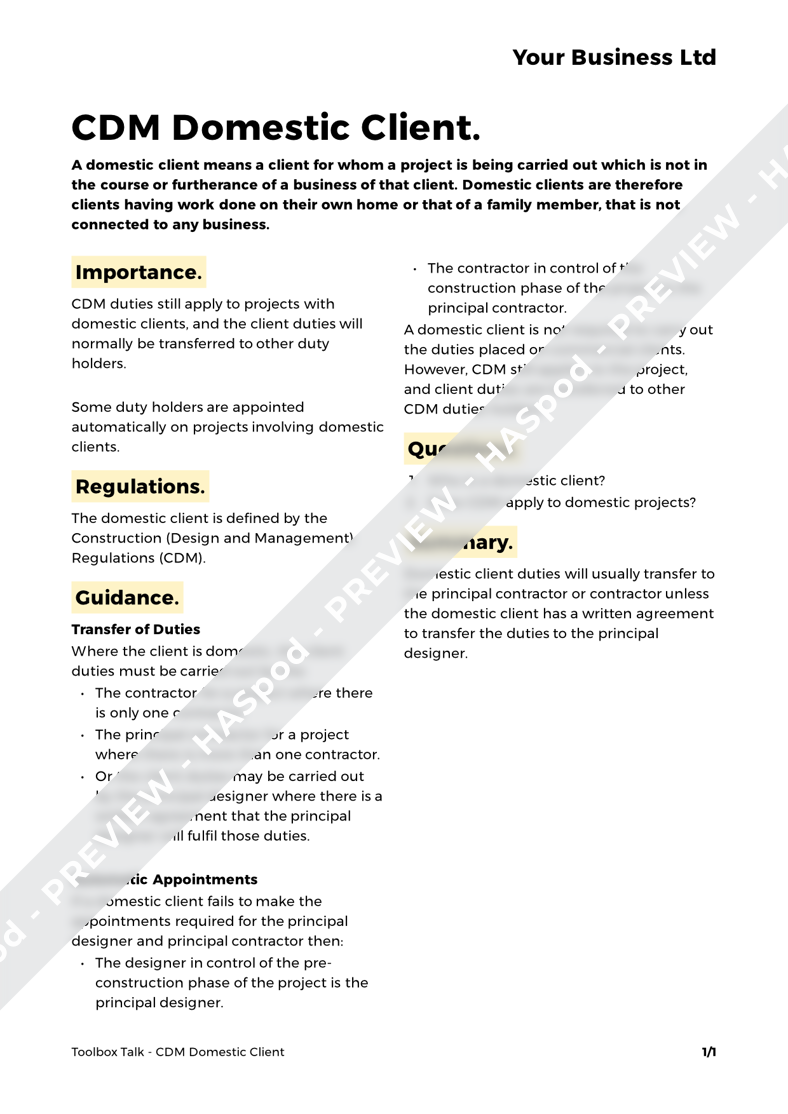 Free CDM Domestic Client Toolbox Talk Template - HASpod