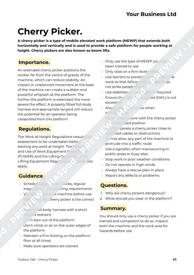 Cherry Picker Toolbox Talk Template - HASpod