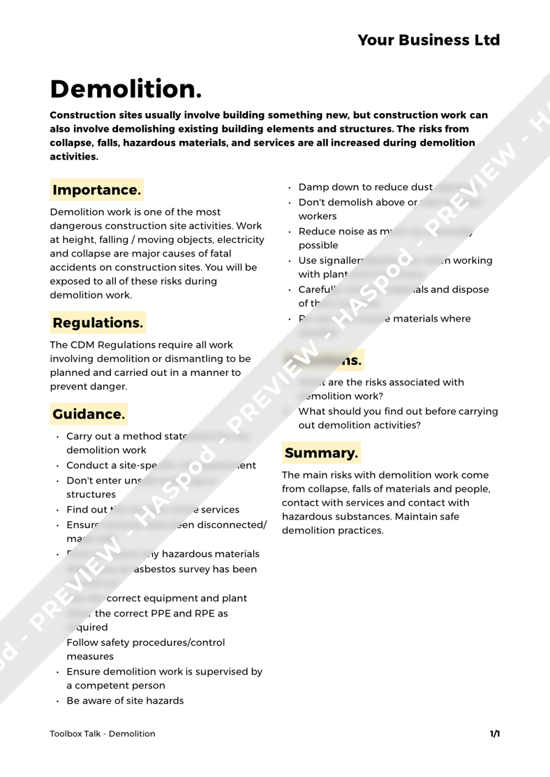 Demolition Toolbox Talk Template - HASpod