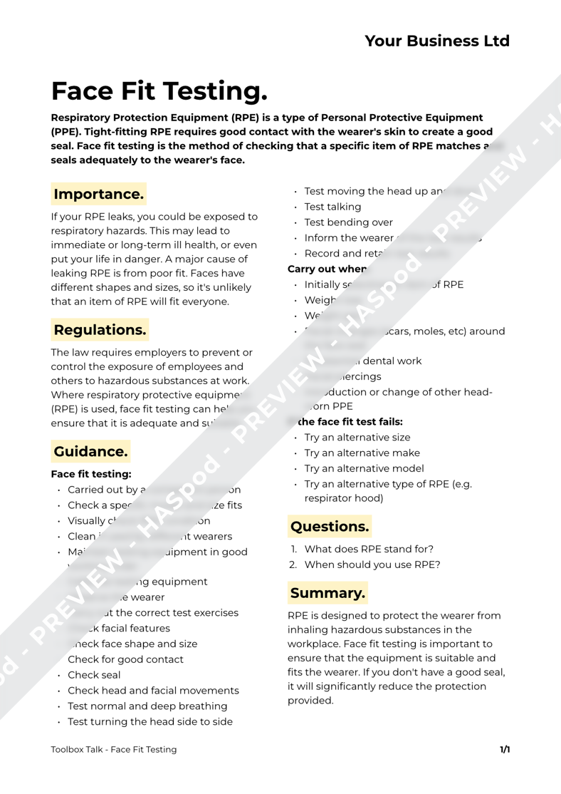 Face Fit Testing Toolbox Talk Template - HASpod