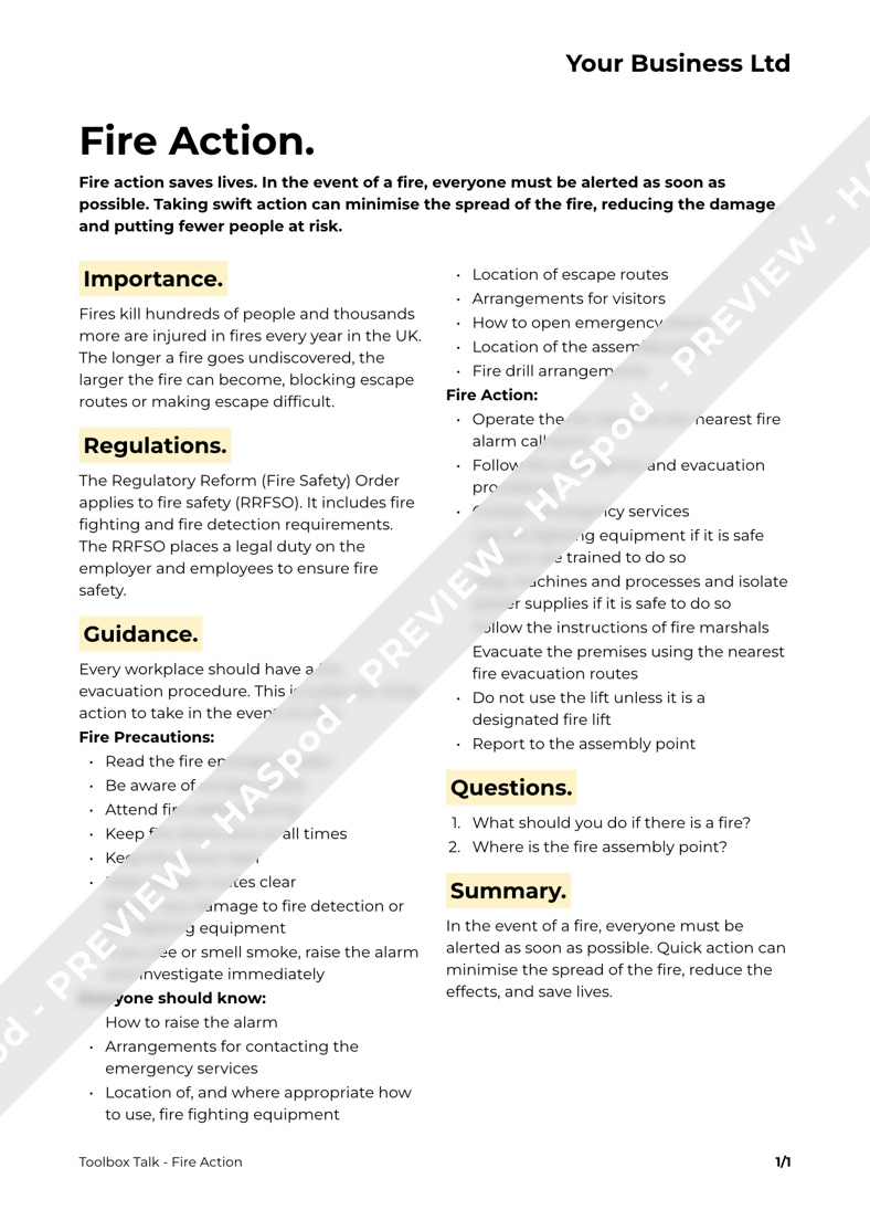 Fire Action Toolbox Talk Template - HASpod