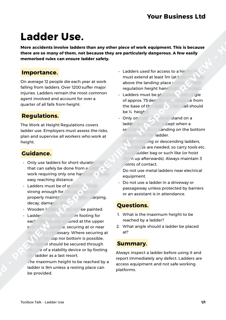 Free Ladder Use Toolbox Talk Template - HASpod