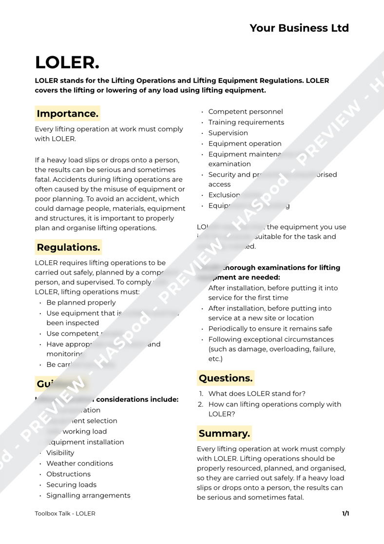 LOLER Toolbox Talk Template - HASpod