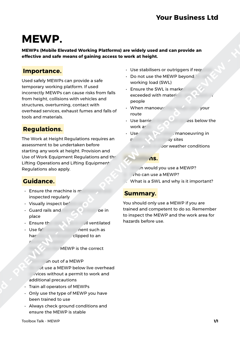 MEWP Toolbox Talk Template - HASpod