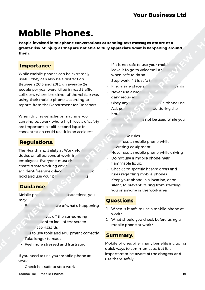 Mobile Phones Toolbox Talk Template - HASpod