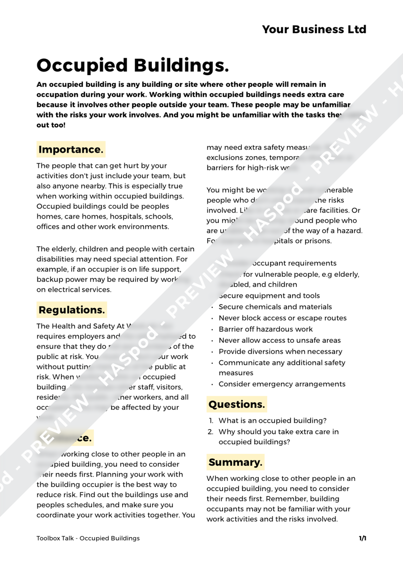 Occupied Buildings Toolbox Talk Template - HASpod