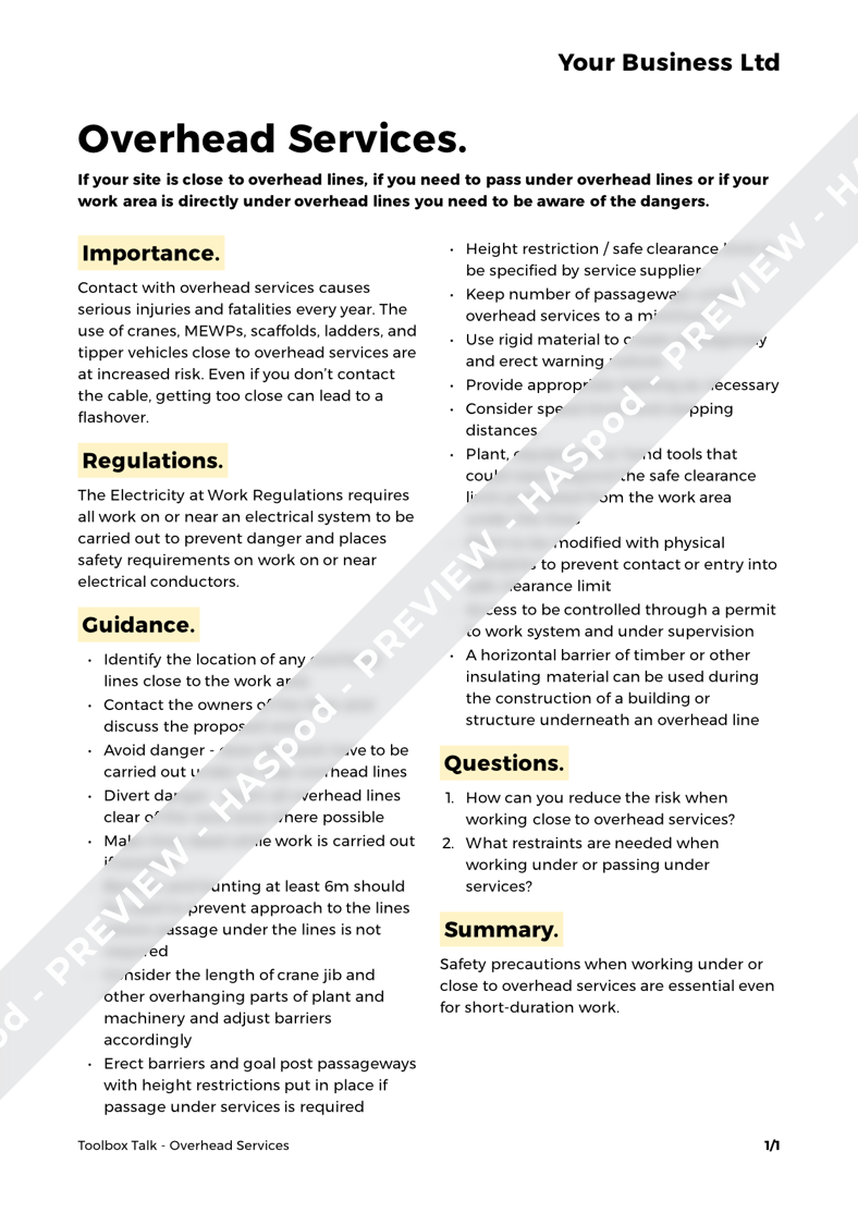 Overhead Services Toolbox Talk Template - HASpod