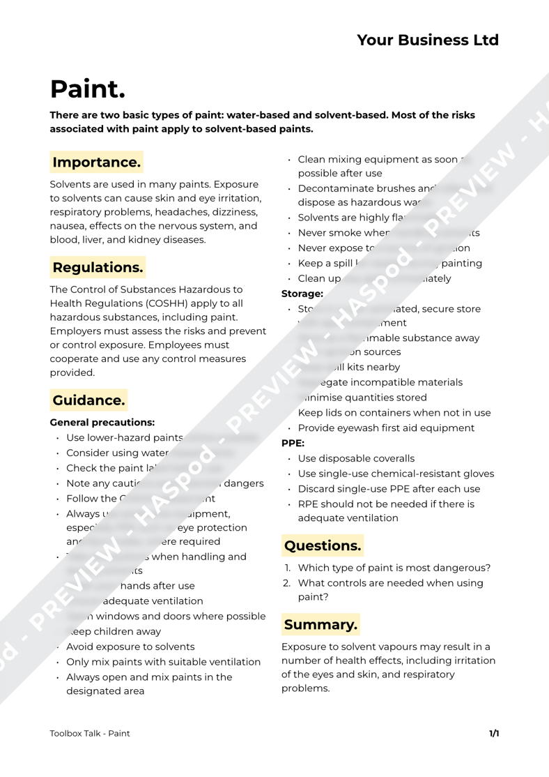 Paint Toolbox Talk Template - HASpod
