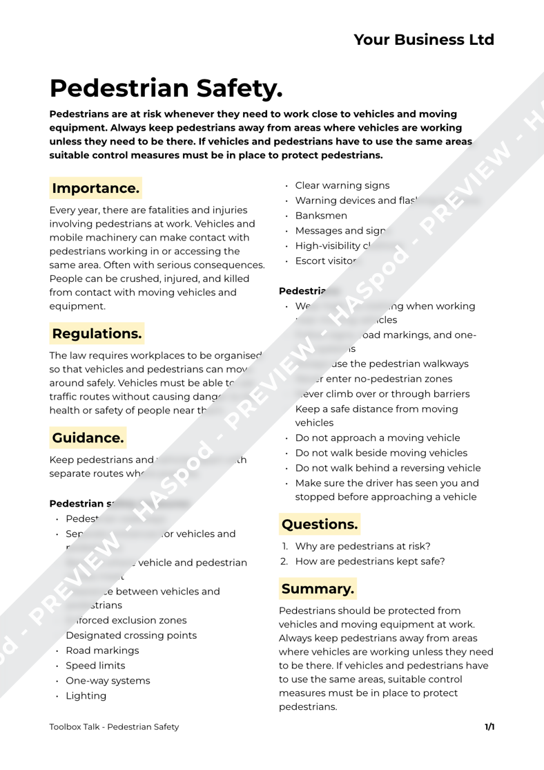 Pedestrian Safety Toolbox Talk Template - HASpod