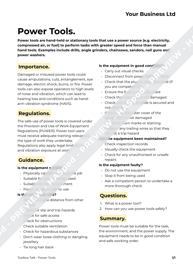 Power Tools Toolbox Talk Template - HASpod