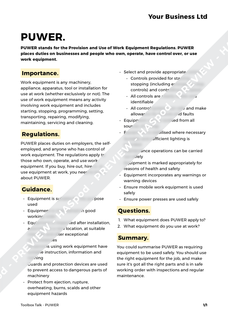 PUWER Toolbox Talk Template - HASpod