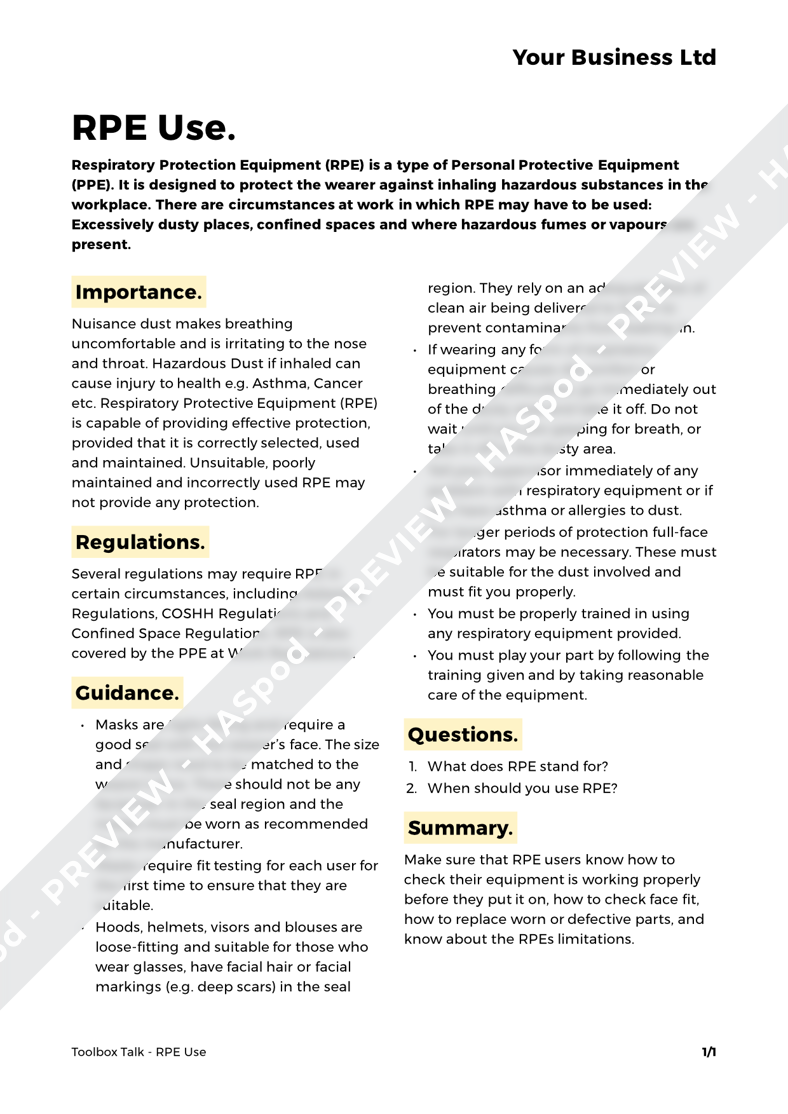 RPE Use Toolbox Talk Template - HASpod