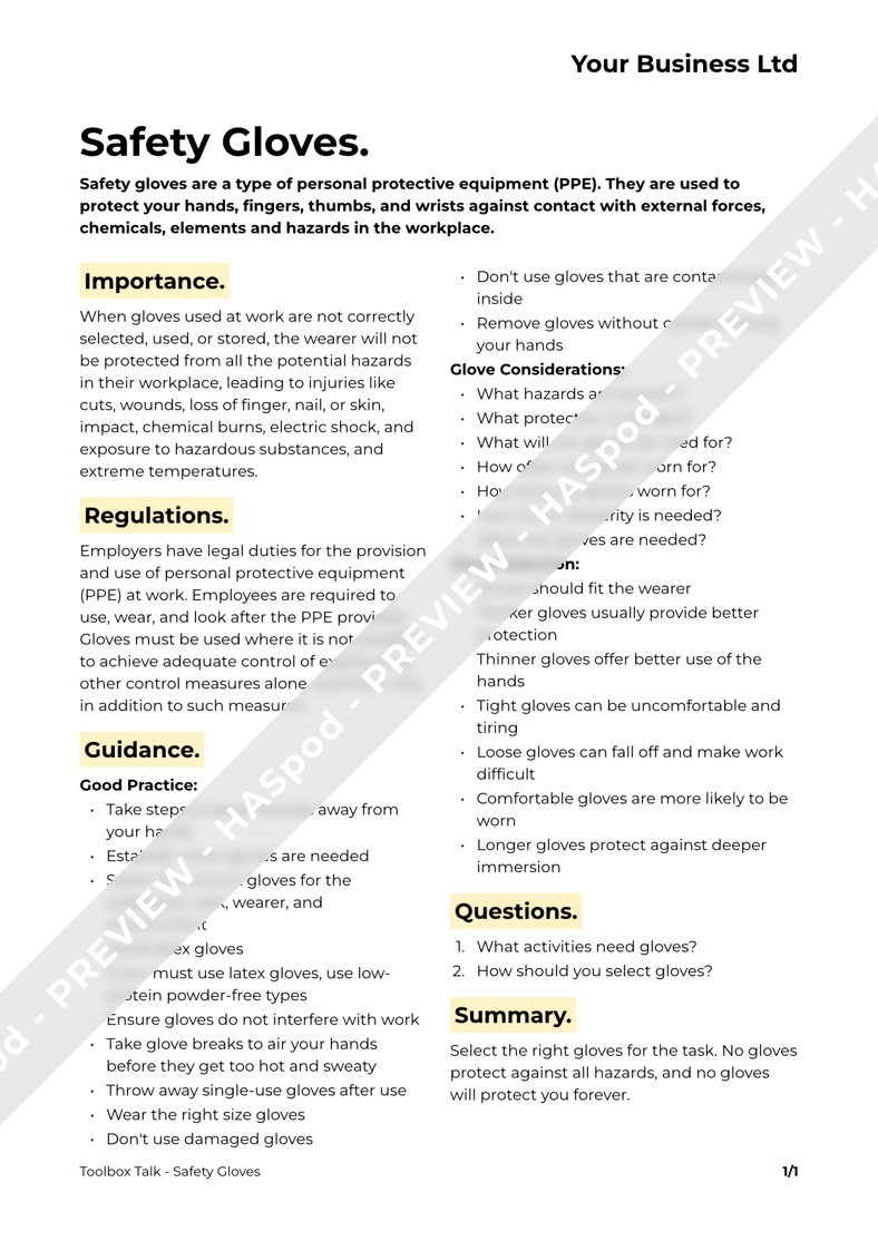 Safety Gloves Toolbox Talk Template - HASpod