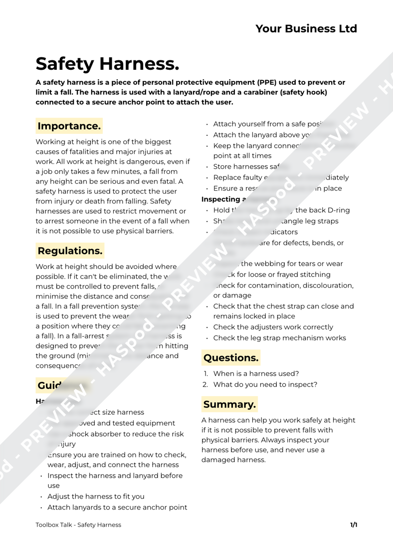 Safety Harness Toolbox Talk Template - HASpod