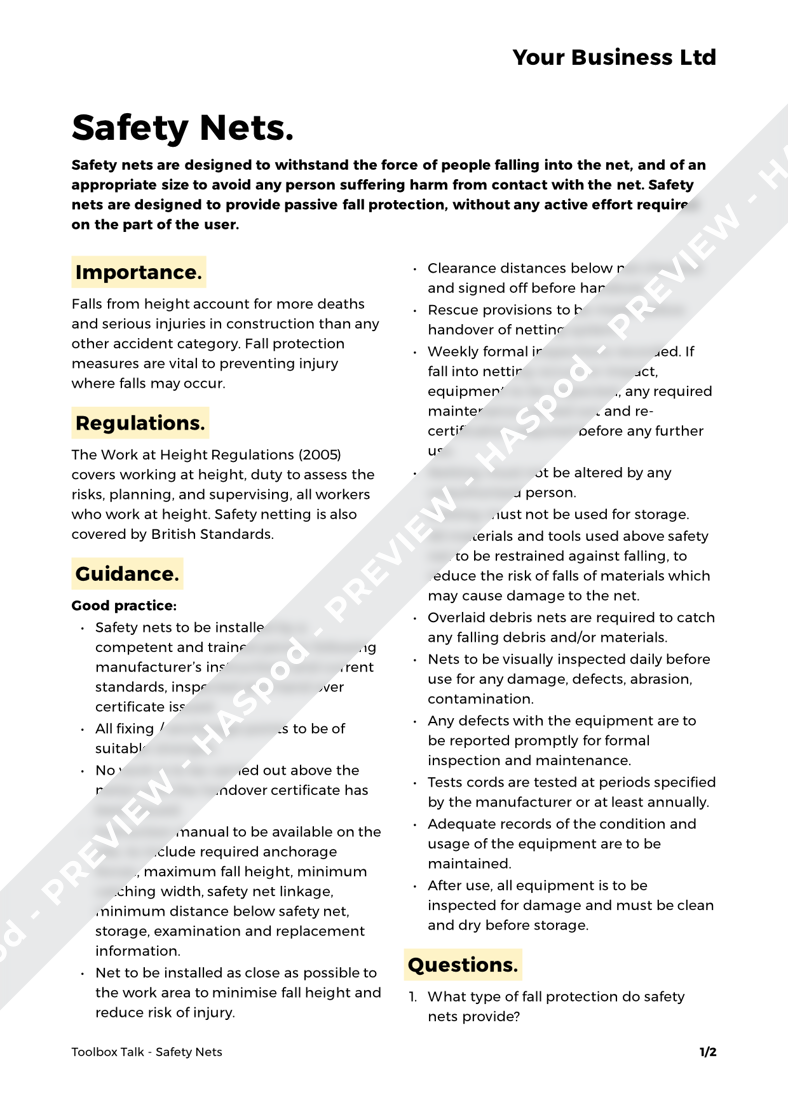 Safety Nets Toolbox Talk Template - HASpod
