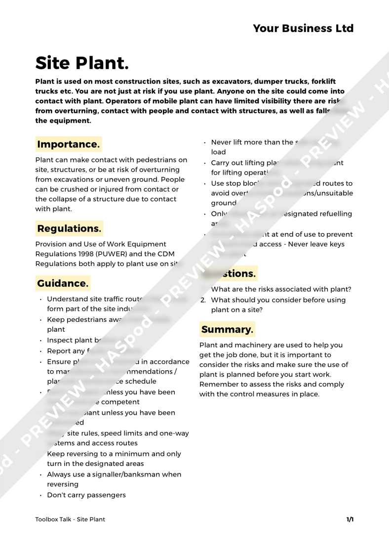 Site Plant Toolbox Talk Template - HASpod