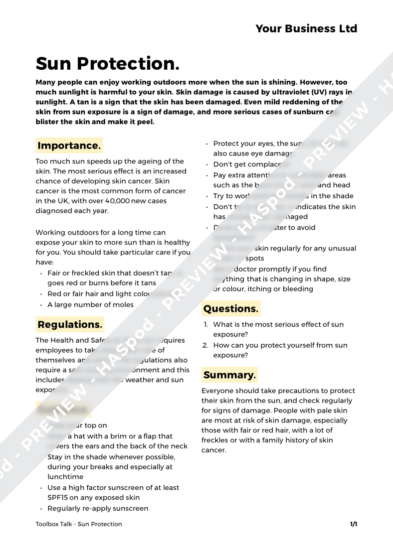 Sun Protection Toolbox Talk Template - HASpod