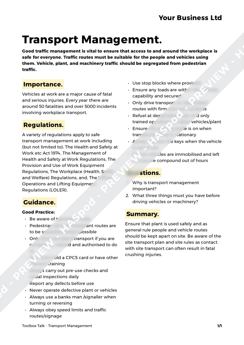 Transport Management Toolbox Talk Template - HASpod