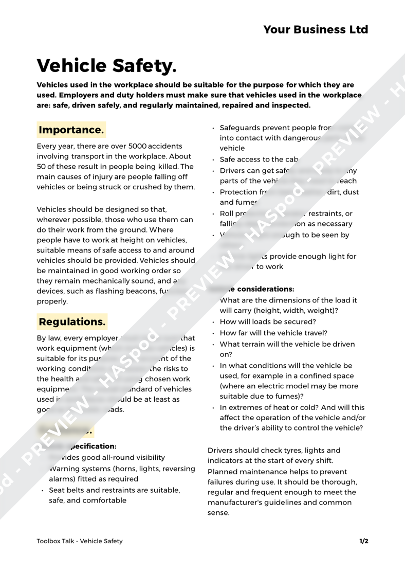 Vehicle Safety Toolbox Talk Template - HASpod