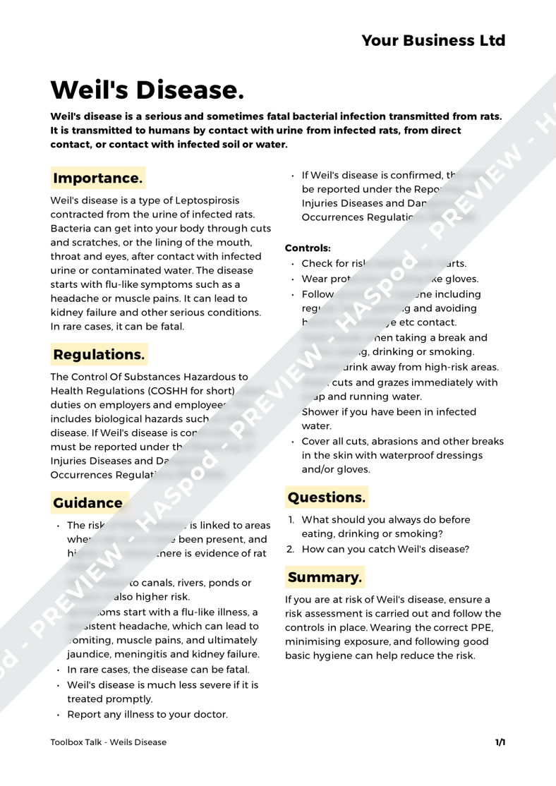 Weils Disease Toolbox Talk Template - HASpod