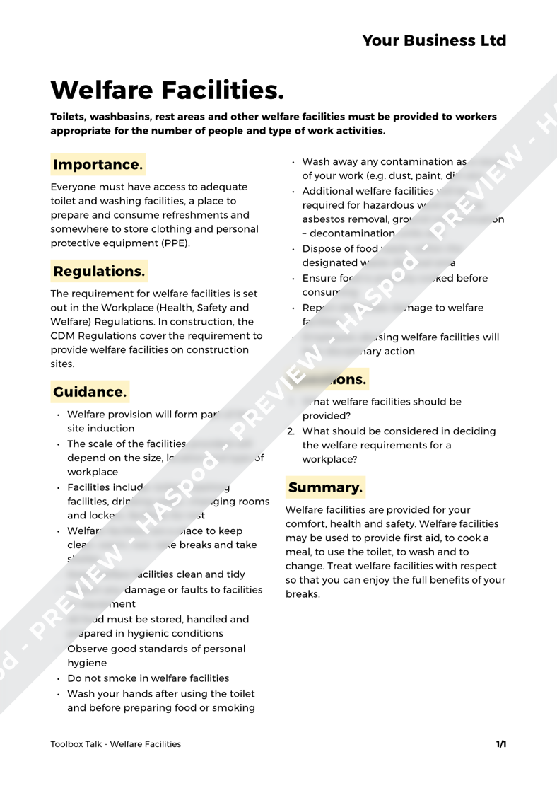 Free Welfare Facilities Toolbox Talk Template - HASpod