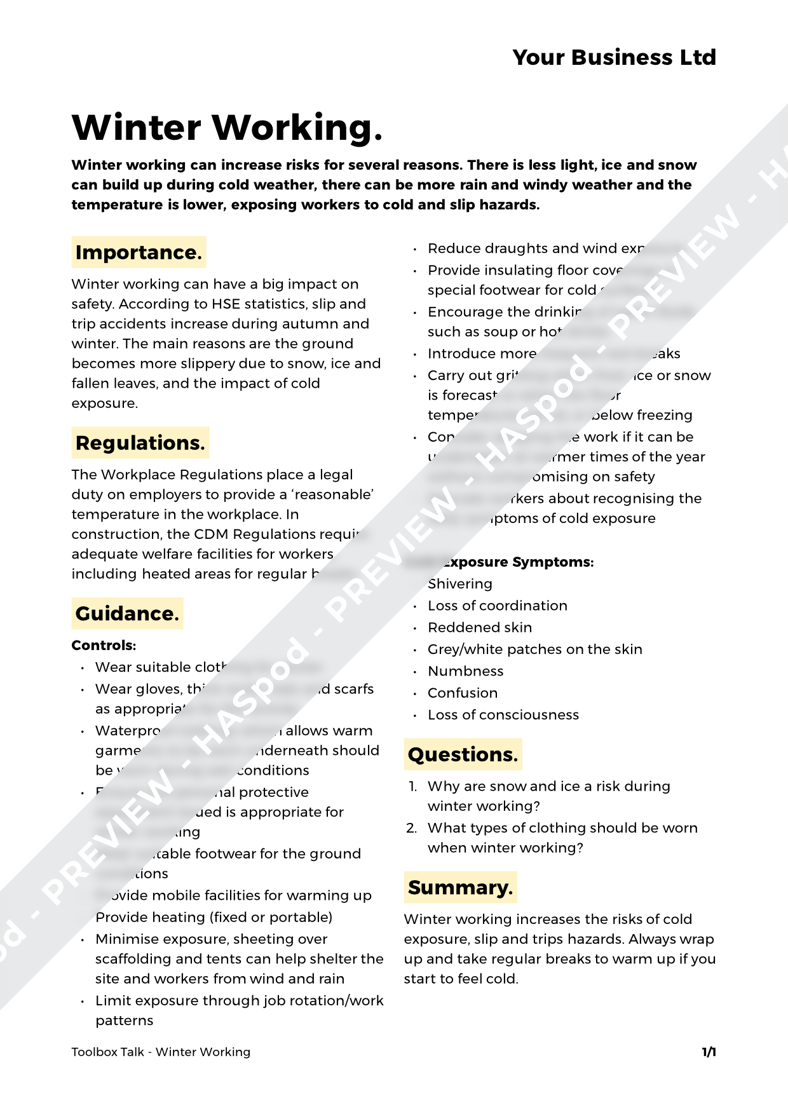 Winter Working Toolbox Talk Template - HASpod