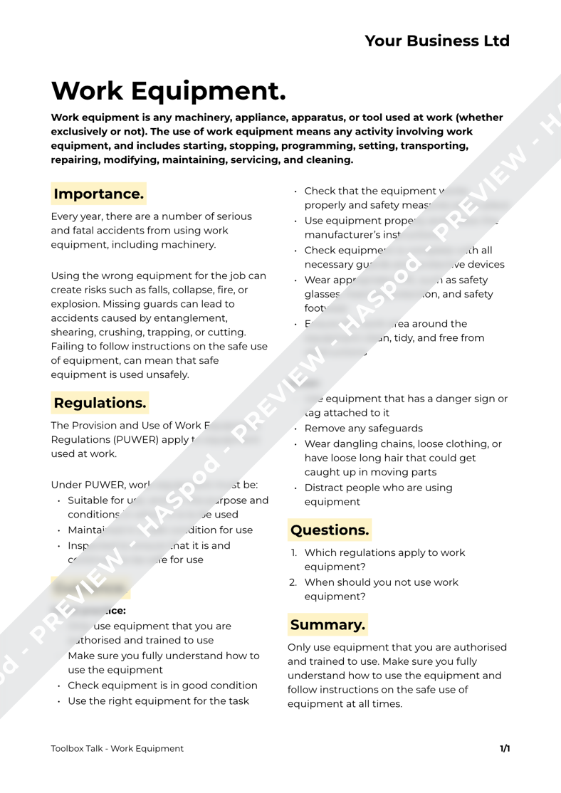 Work Equipment Toolbox Talk Template - HASpod