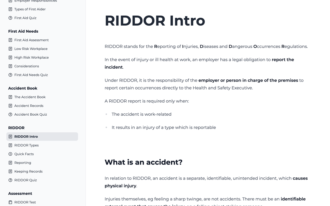 RIDDOR eLearning Course - HASpod